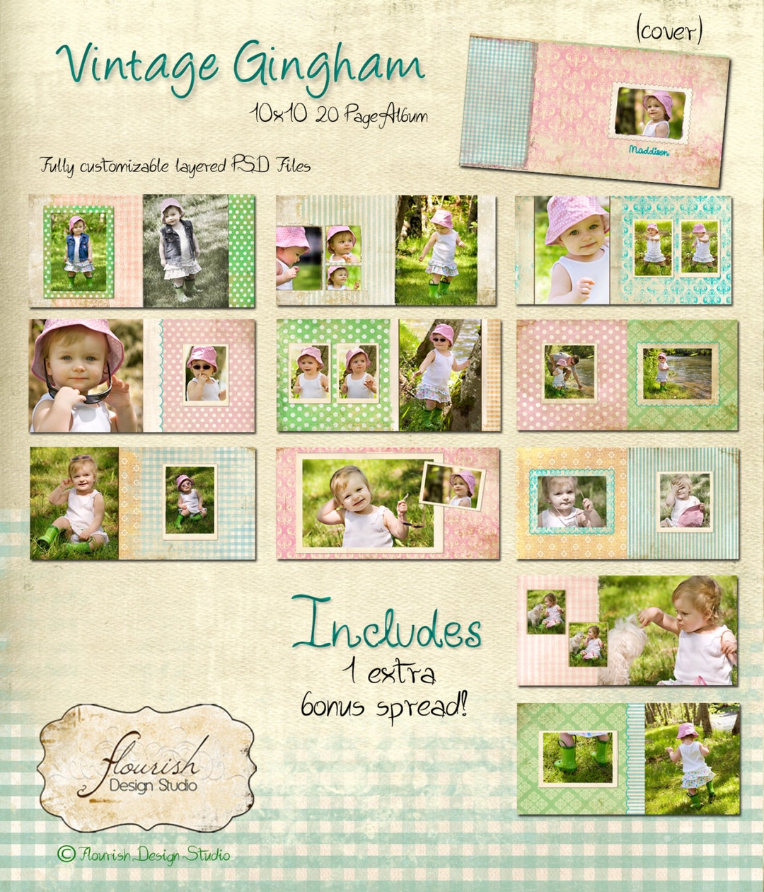 10x10 Album Template for Photographers - Vintage Gingham Album - Etsy
