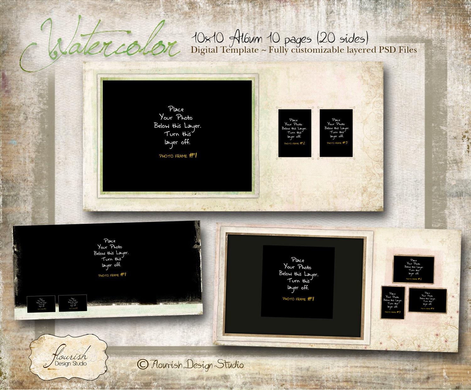 10x10 Album Template for Photographers - Watercolor Album - Etsy