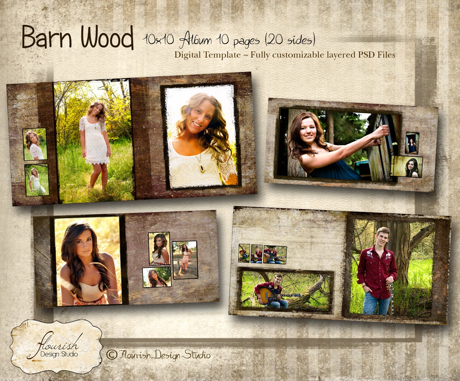 10x10 Album Template for Photographers - Barn Wood Senior Portrait ...