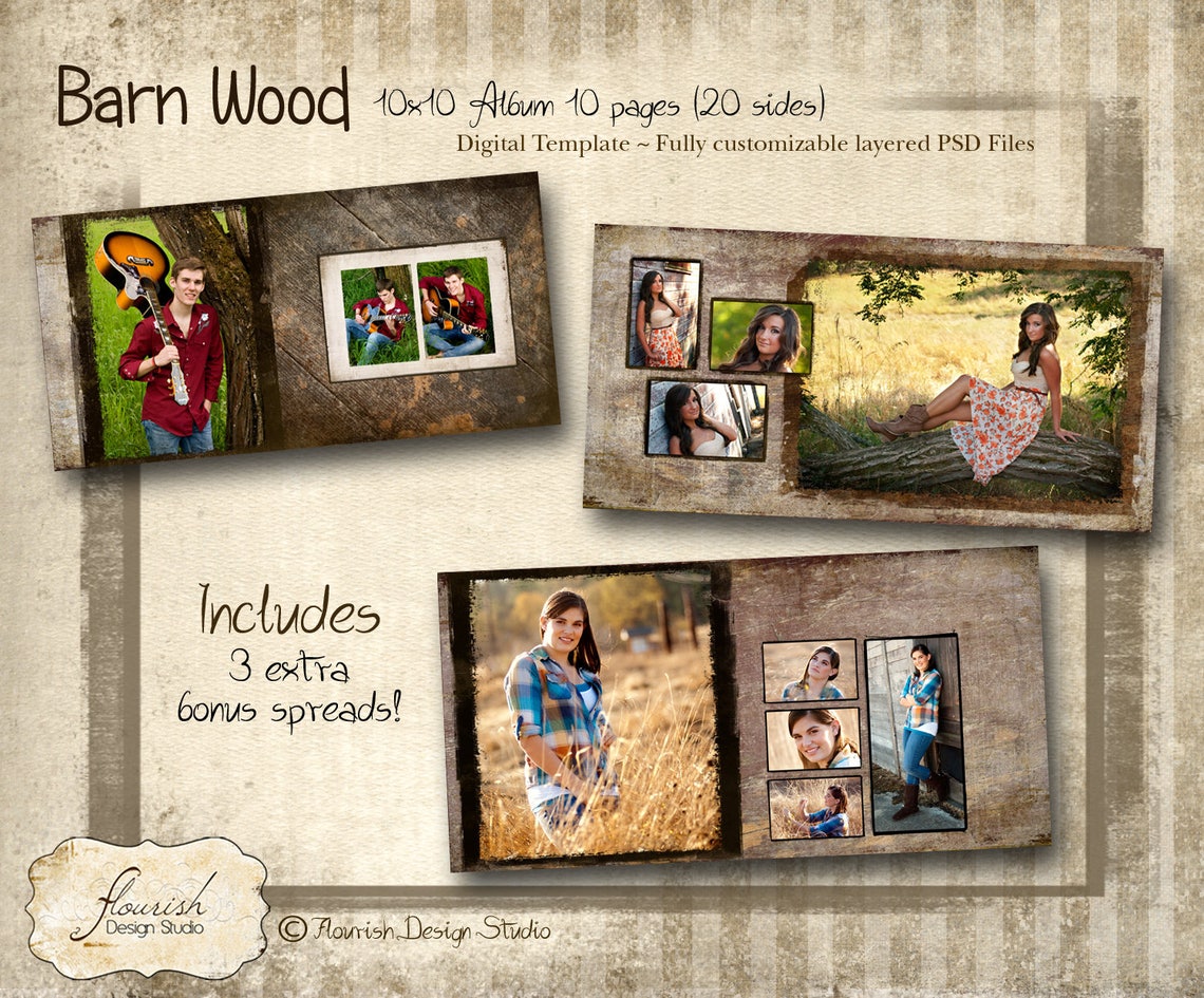 10x10 Album Template for Photographers - Barn Wood Senior Portrait ...