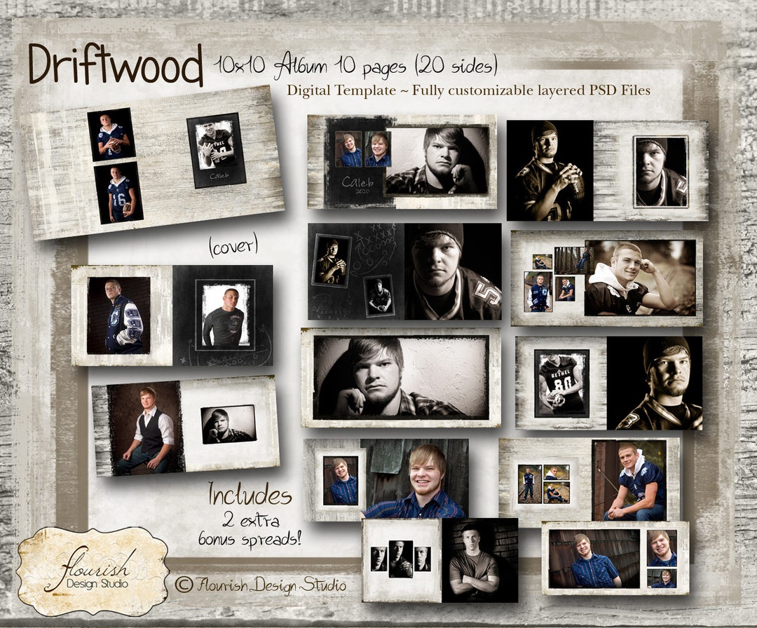 10x10 Album Template for Photographers - Driftwood Senior Album - Etsy