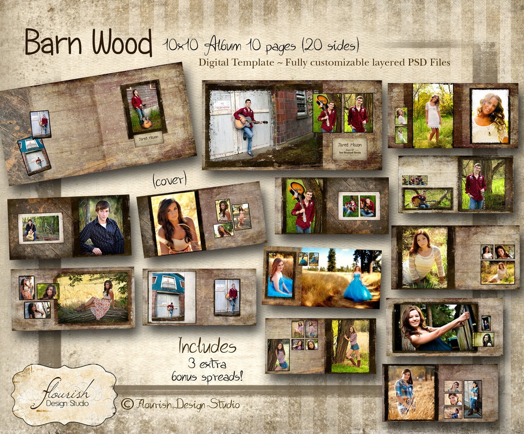 10x10 Album Template for Photographers - Barn Wood Senior Portrait ...