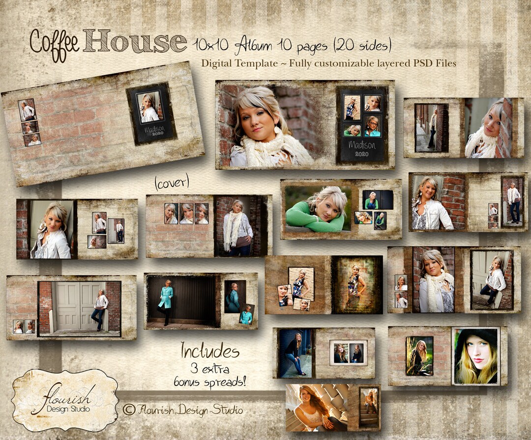 10x10 Album Template for Photographers - Coffee House Senior Album - Etsy