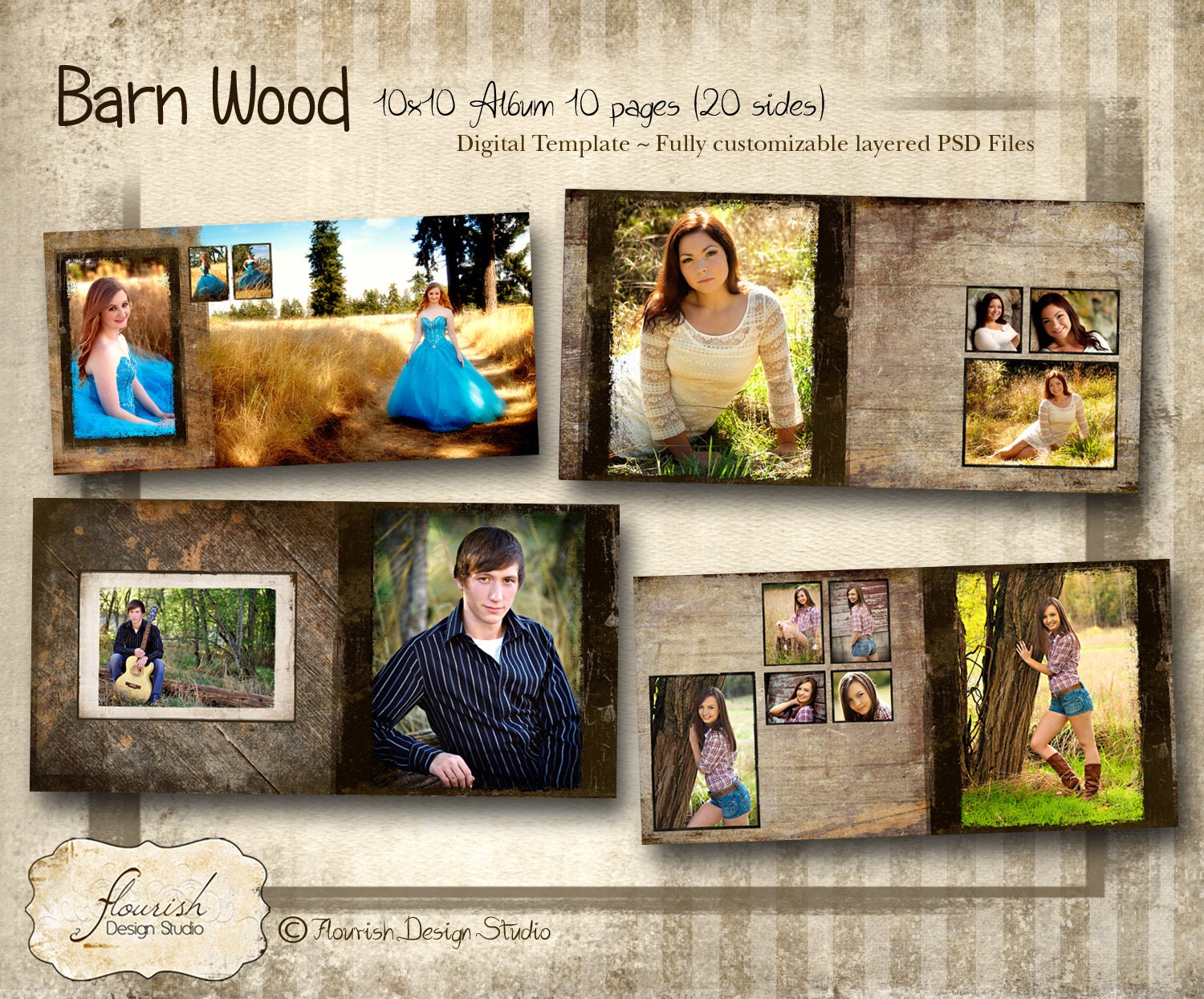10x10 Album Template for Photographers - Barn Wood Senior Portrait ...