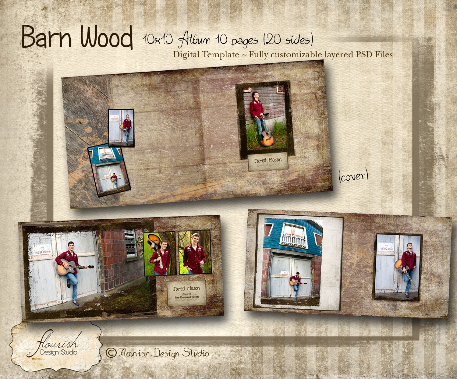 10x10 Album Template for Photographers - Barn Wood Senior Portrait ...