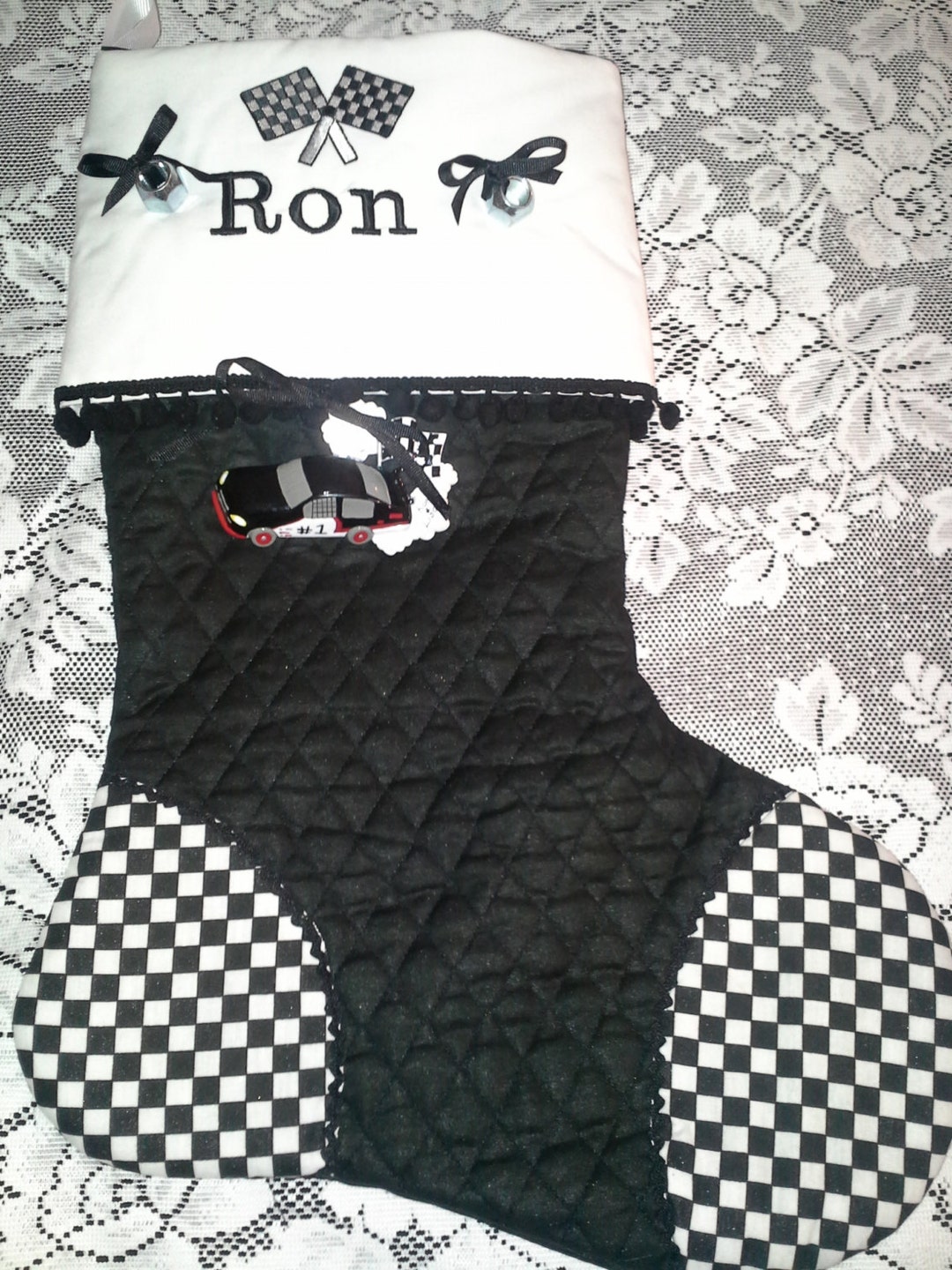 Racing Christmas Stocking With Car Ornament, Black White Ck Heels/toes ...