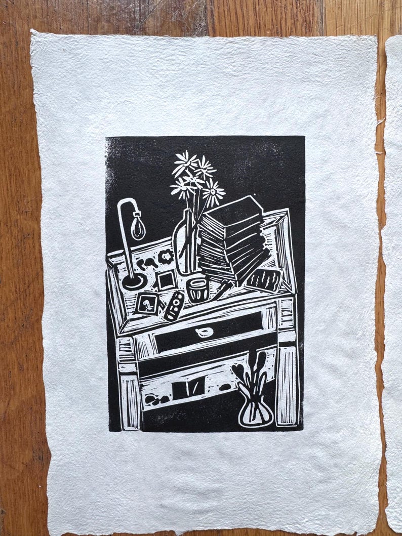 Linocut Print | Bedside Table | Handmade in Seattle | Books | Flowers ...