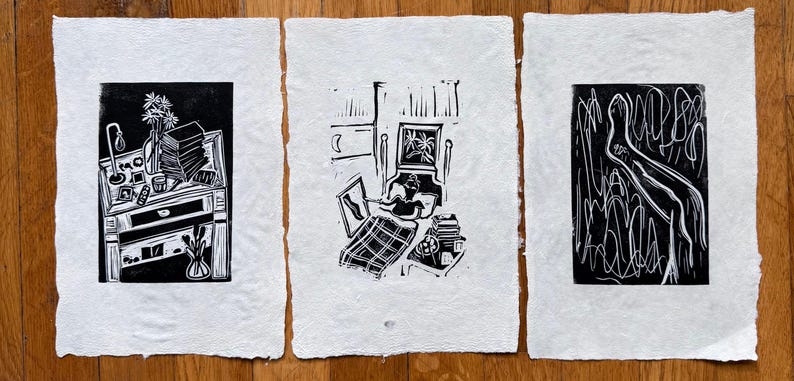 Linocut Print | Bedside Table | Handmade in Seattle | Books | Flowers ...