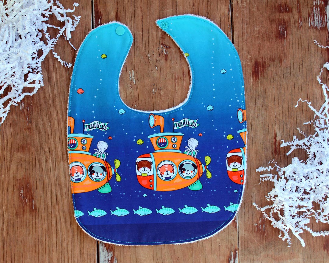 Blue and Orange Animal in Submarine Baby Bib, Infant Feeding Bib ...