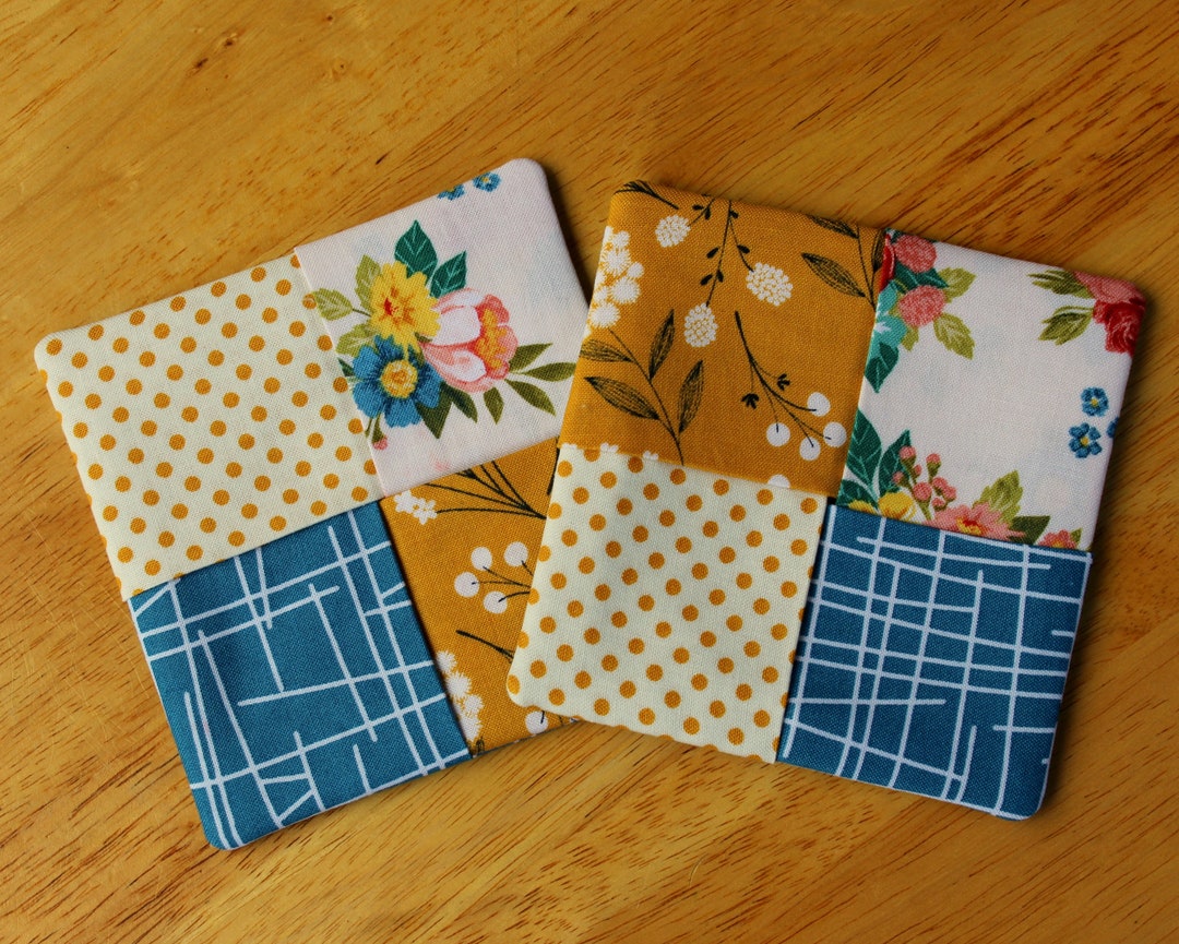 Wine Glass Coaster Set Gold Blue White Floral, Set of 2, Beverage ...