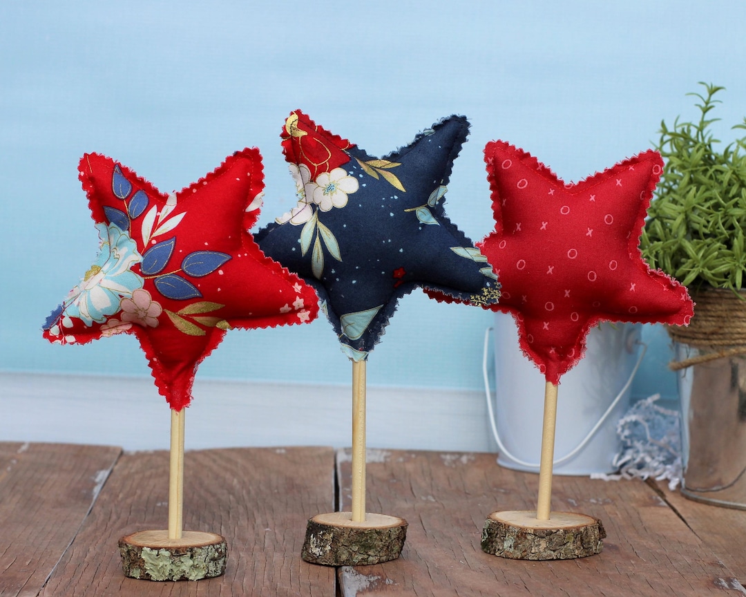 Fabric Stuffed Star on Stand, Farmhouse Independence Day Cotton Stars ...