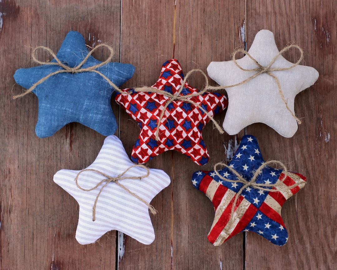 Fabric Stuffed Stars, Farmhouse Patriotic Cotton Stars, Hanging ...