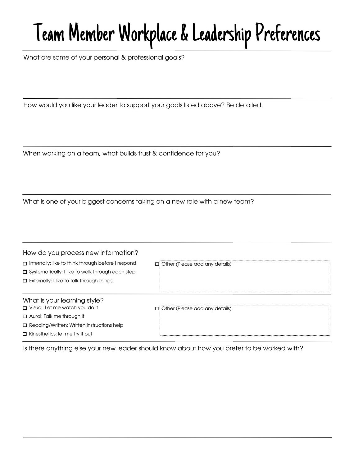 Workplace & Leadership Preferences Worksheet - Etsy