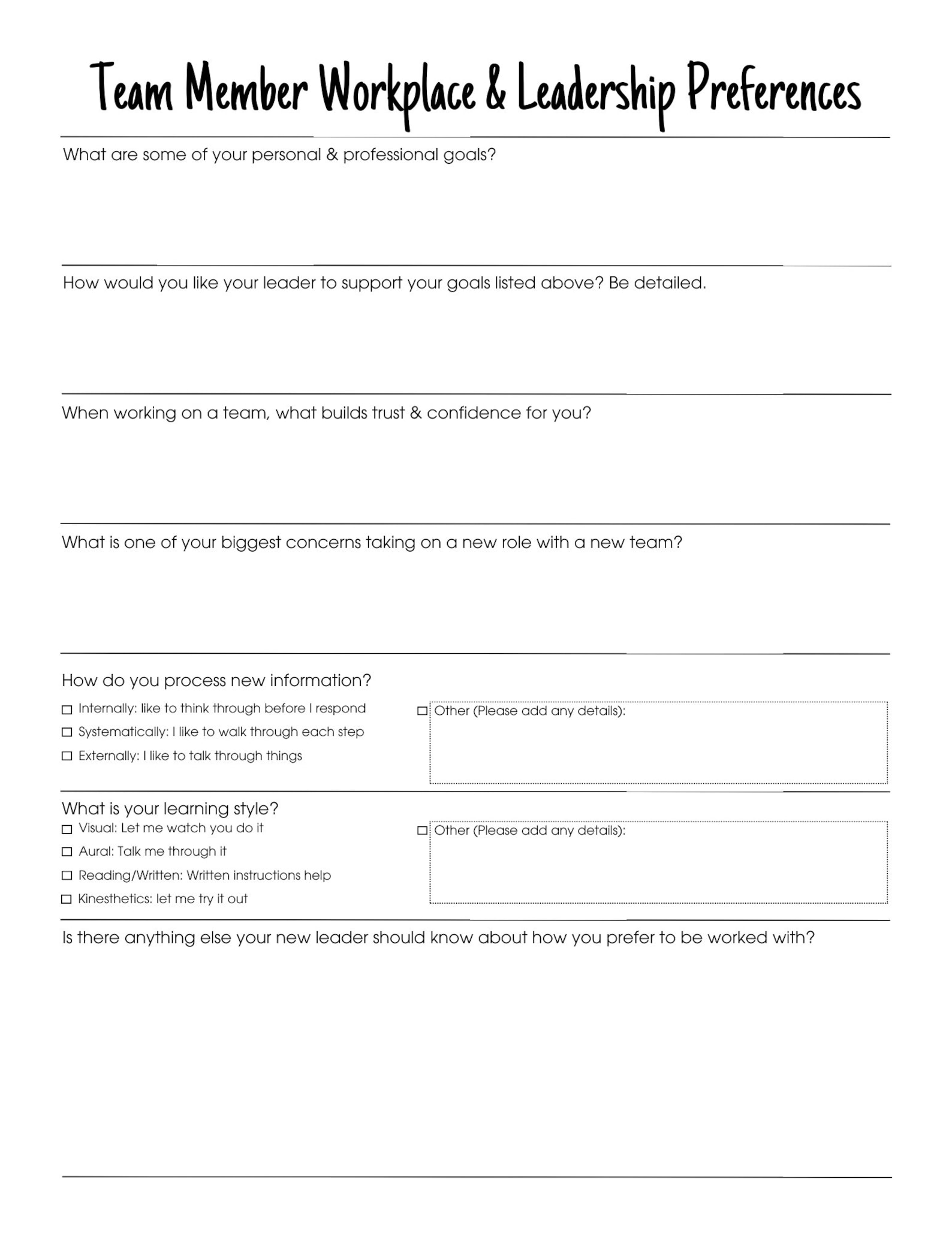 Workplace & Leadership Preferences Worksheet - Etsy