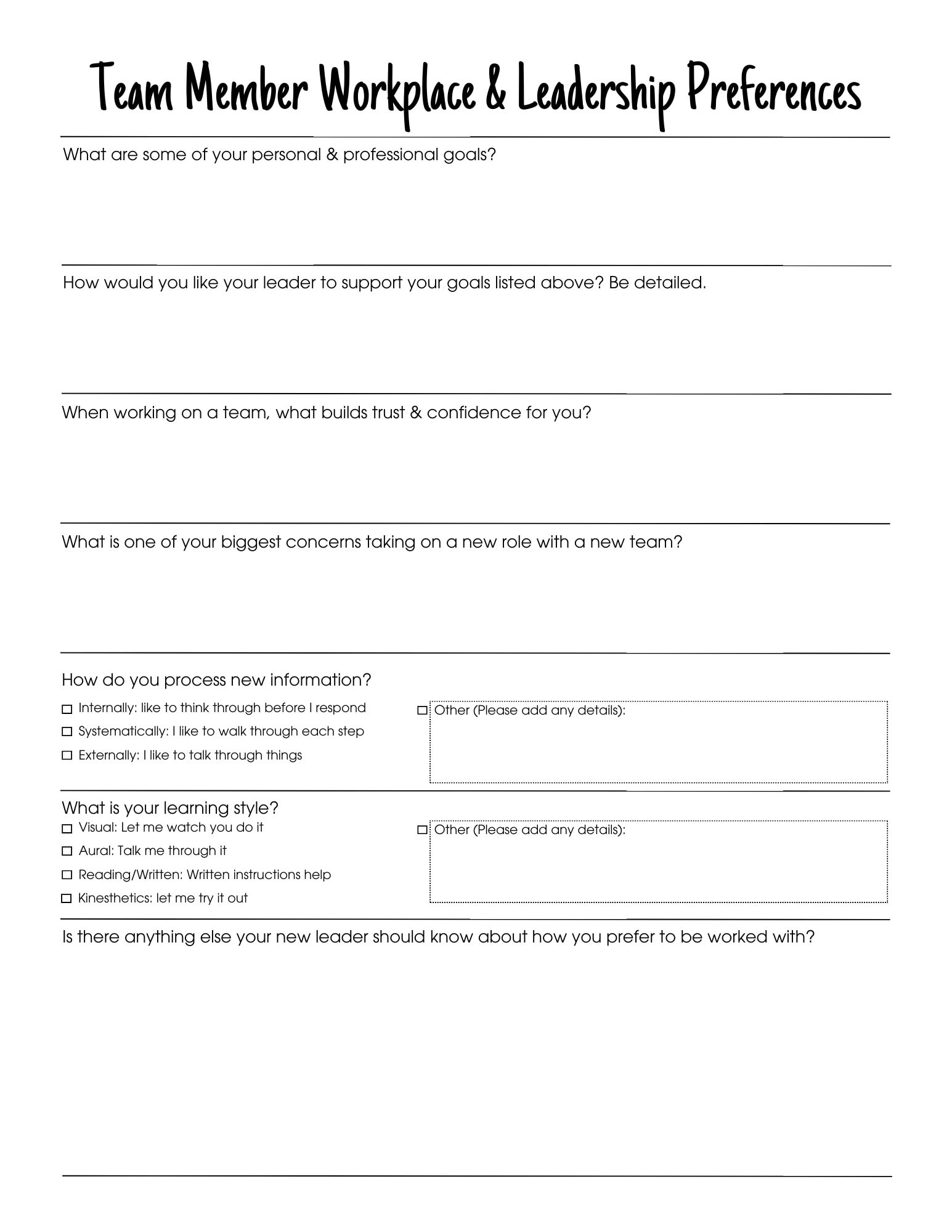 Workplace & Leadership Preferences Worksheet - Etsy