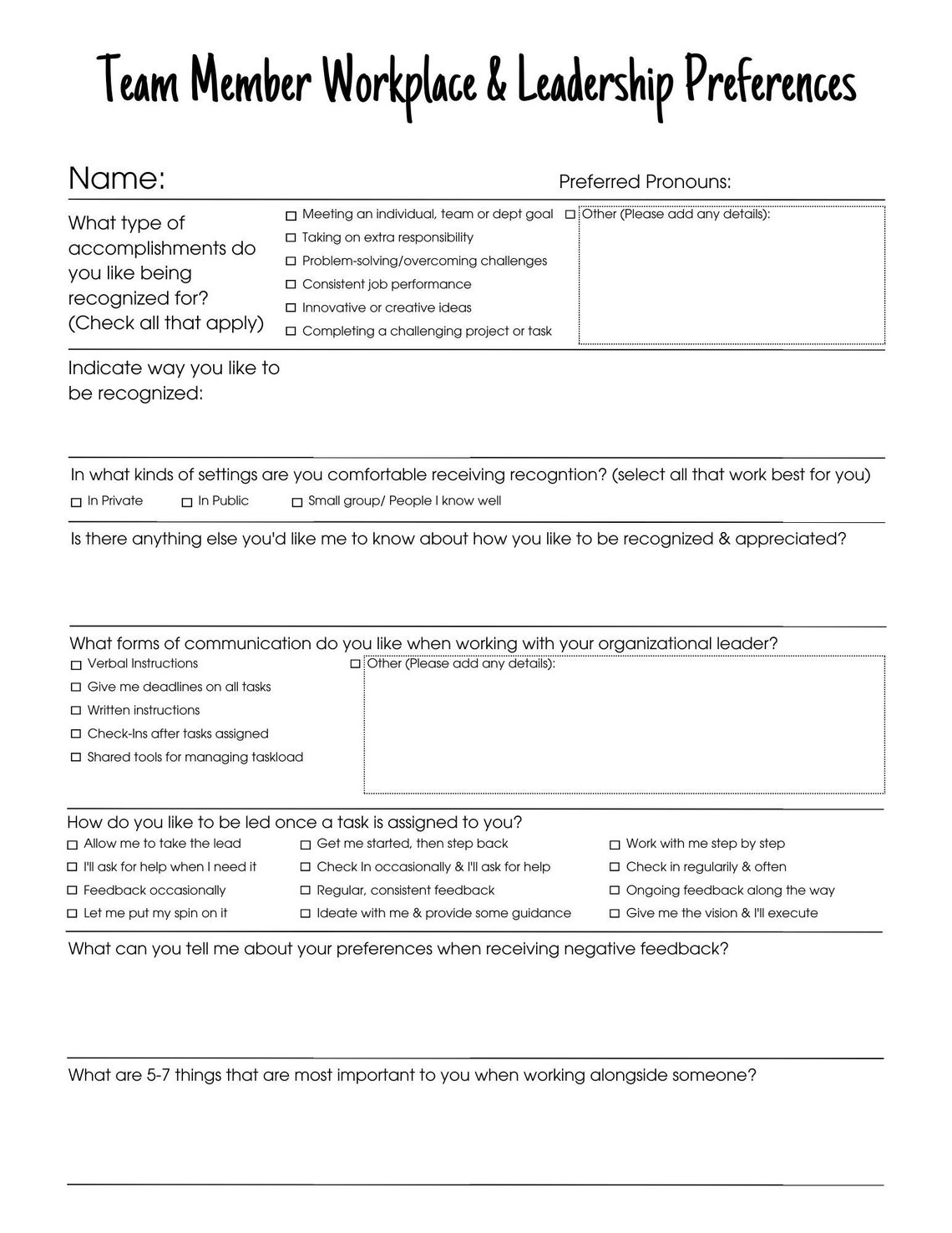 Workplace & Leadership Preferences Worksheet - Etsy