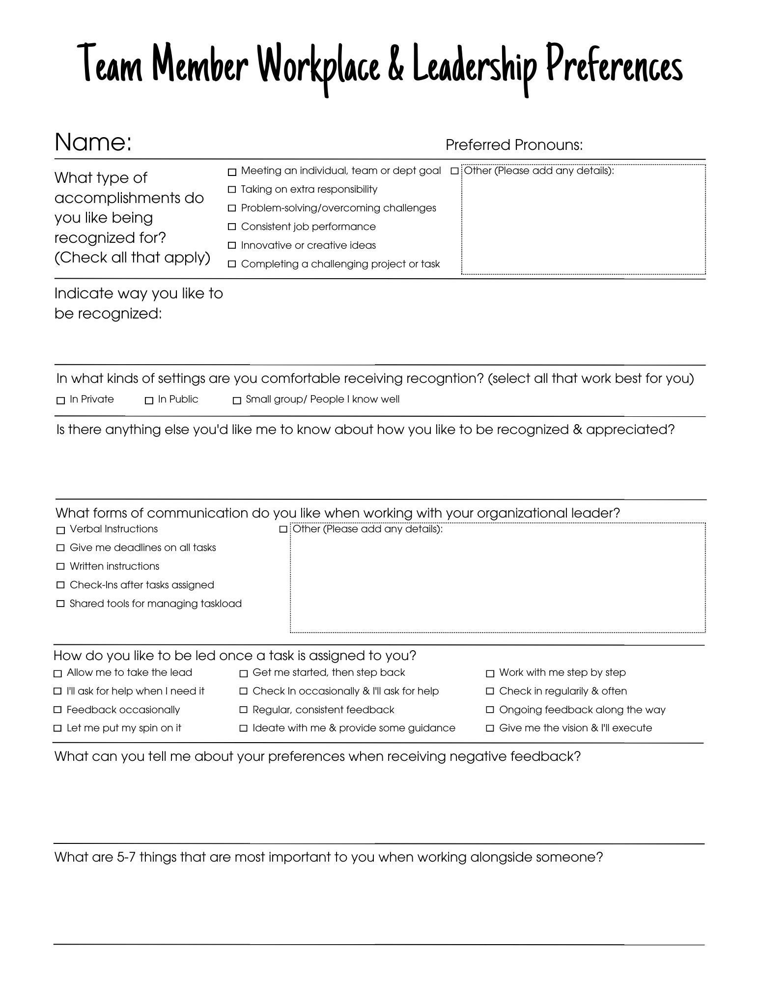 Workplace & Leadership Preferences Worksheet - Etsy