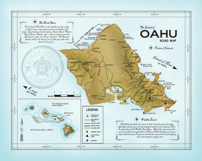 The Island of Oahu "atlas Inspired" 11 X 14 Road Map - Etsy