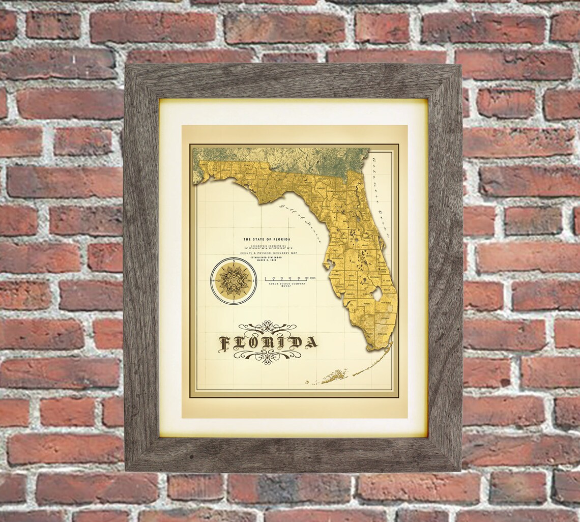 Florida 11x14 Antique Inspired Map Wall Art - Etsy