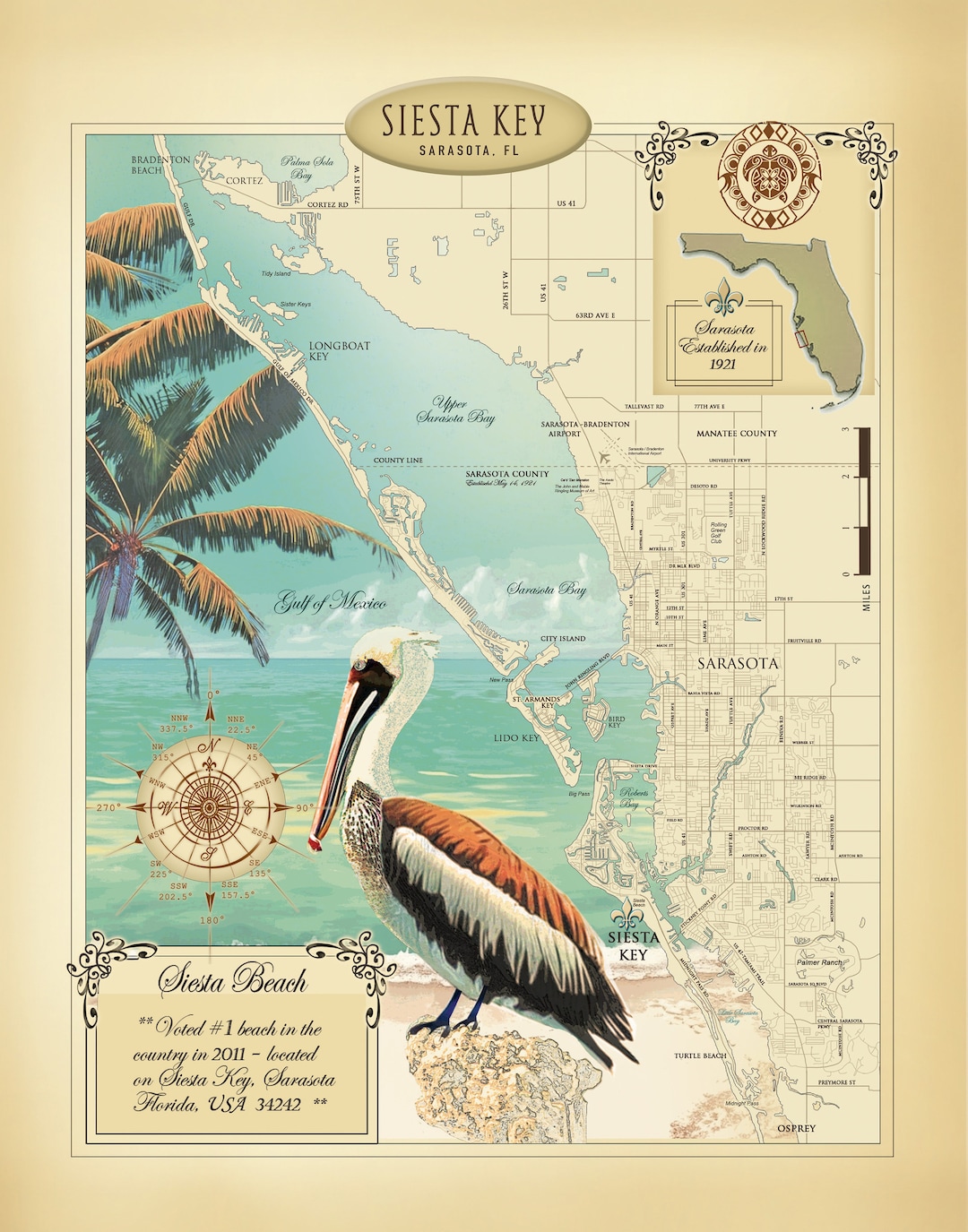 Siesta Key (sarasota Florida) Vintage Map Print - Etsy