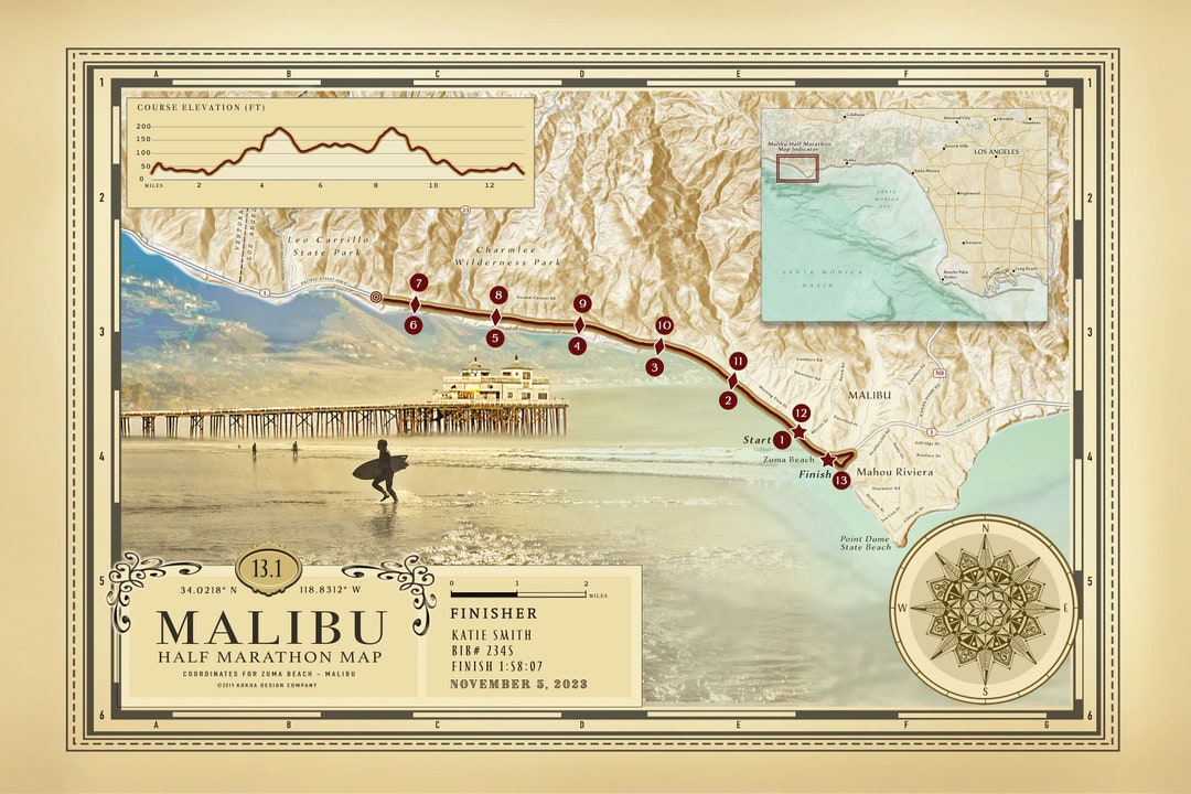 Personalized Malibu Half Marathon Map Art - Etsy