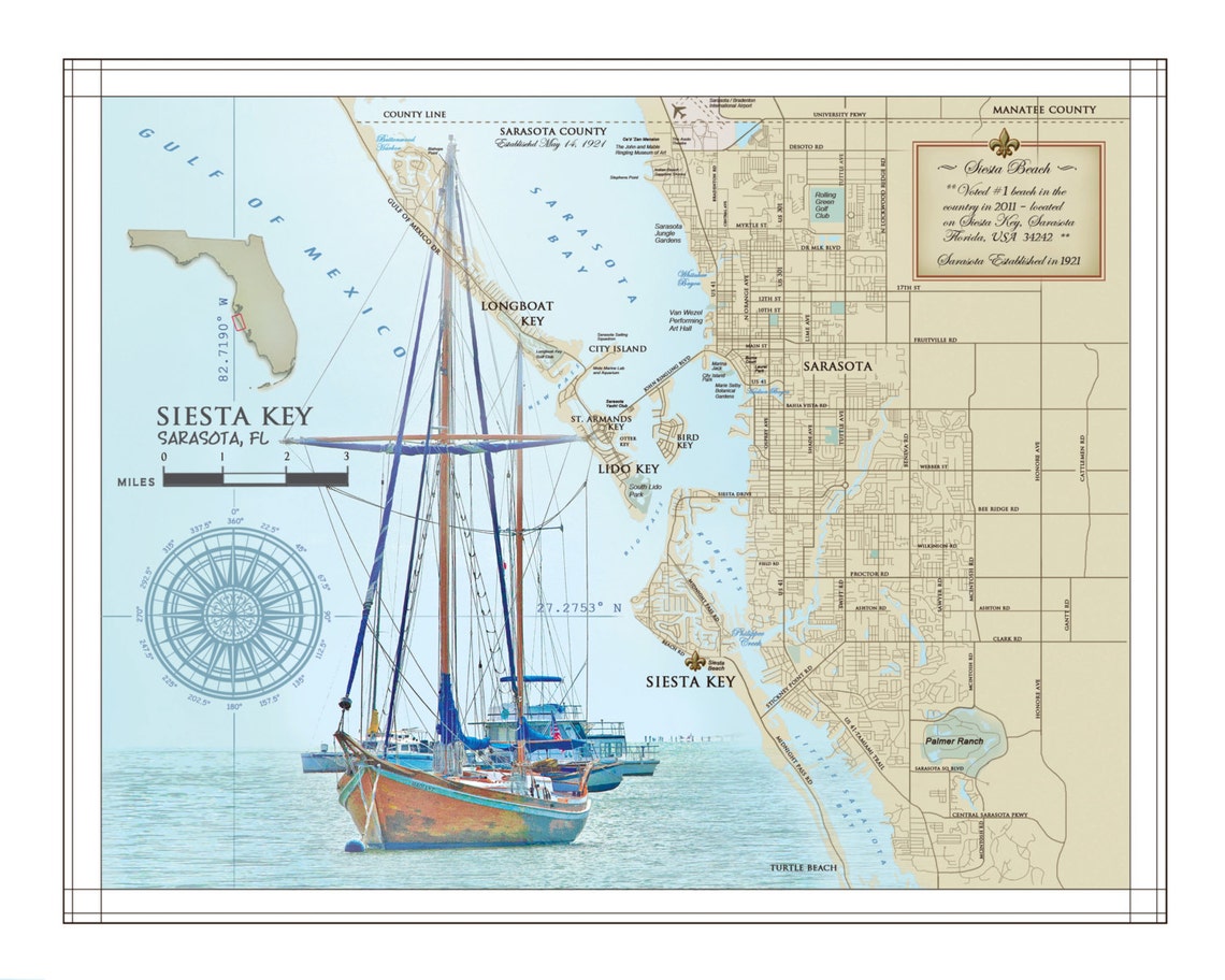 Sarasota & Siesta Key 11x14 Area Artistic Map - Etsy