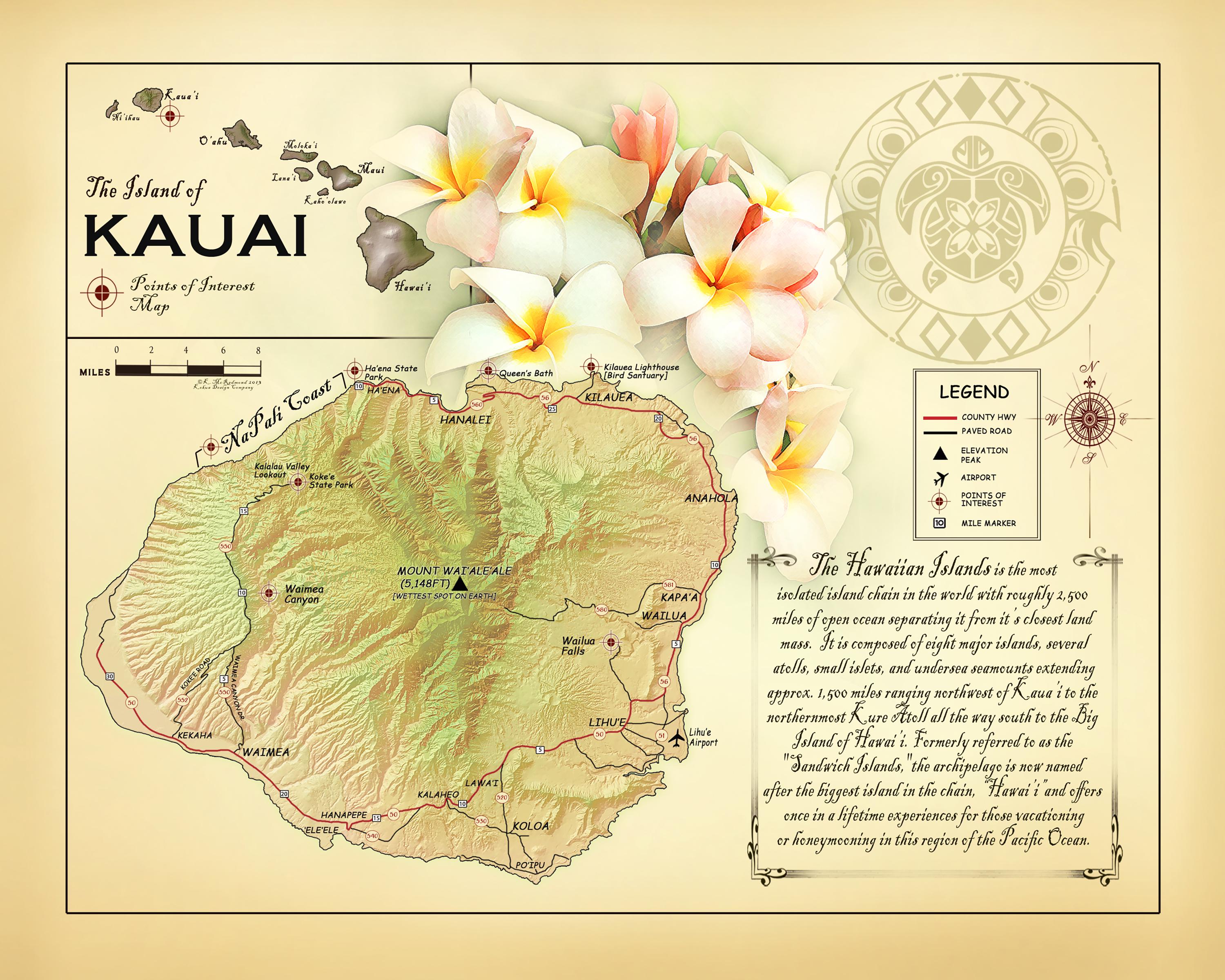 Map of Kauai Vintage Style Wall Art - Etsy