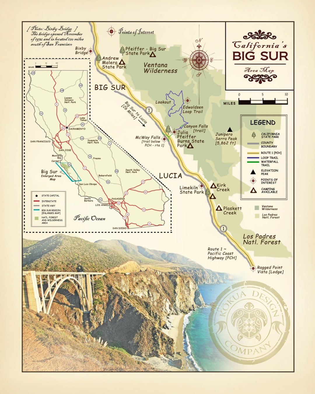California's Big Sur "vintage Inspired" 11"x14" Points of Interest Map ...