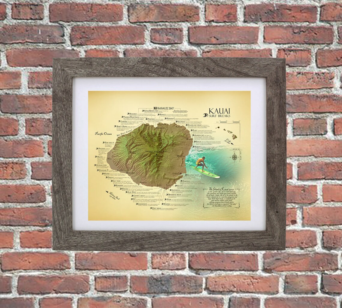 Kauai Surf Break Map 11 X 14 Vintage Inspired Hawaiian Art Print - Etsy