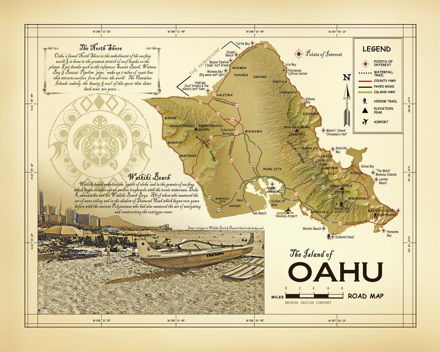 The Island of Oahu 11 X 14 waikiki Beach & Diamond Head Road Map - Etsy