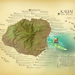 Kauai Surf Break Map [11 X 14] - Vintage Inspired Hawaiian Art Print - Etsy