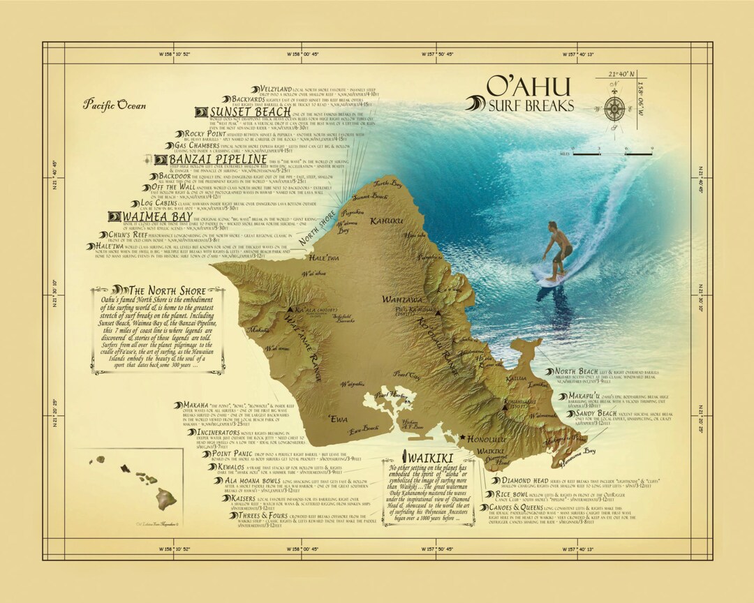 Oahu Surf Break Vintage Style Hawaiian Surfing Map Art - Etsy