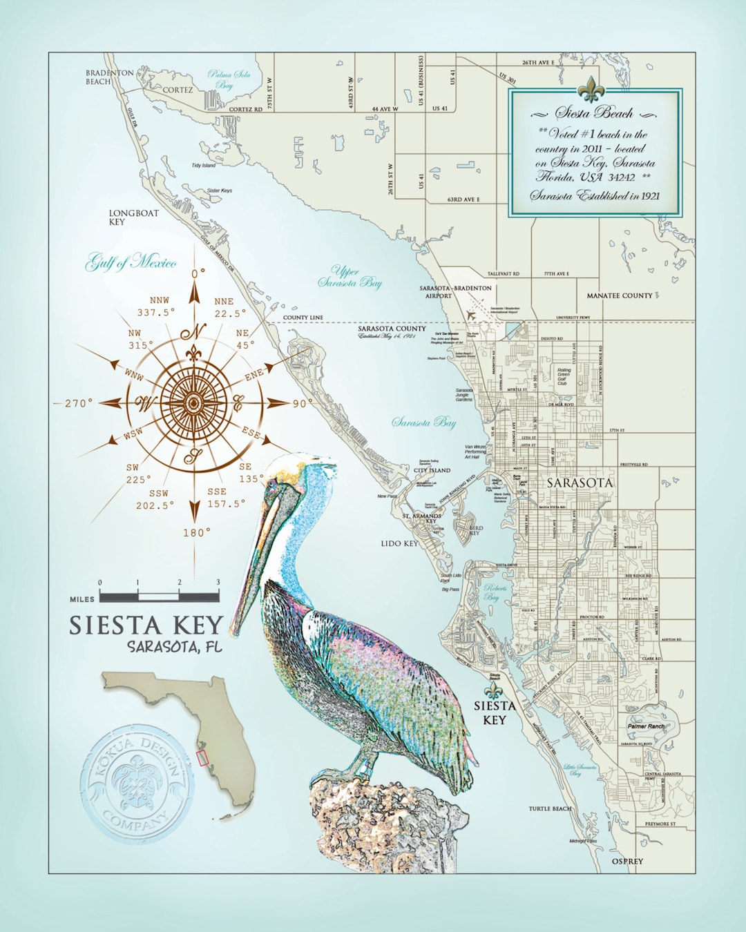 Sarasota & Siesta Key Area 11x14 Artistic Map - Etsy