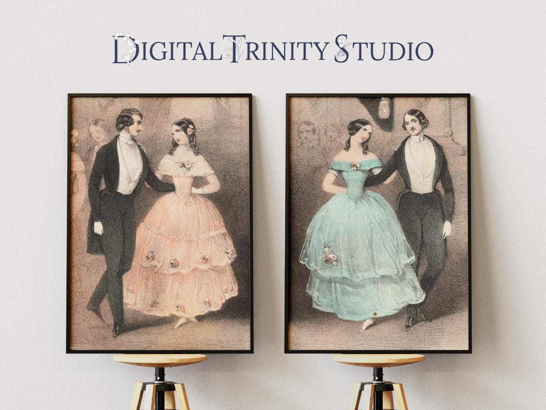 Dancing Couples Lithograph Diptych | 1800s Ballroom Dance | Romantic ...
