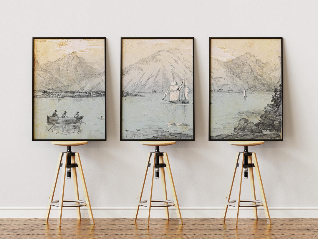 Vintage Boat Triptych | 3 Panel Lake Scene Pencil Sketch | Antique ...