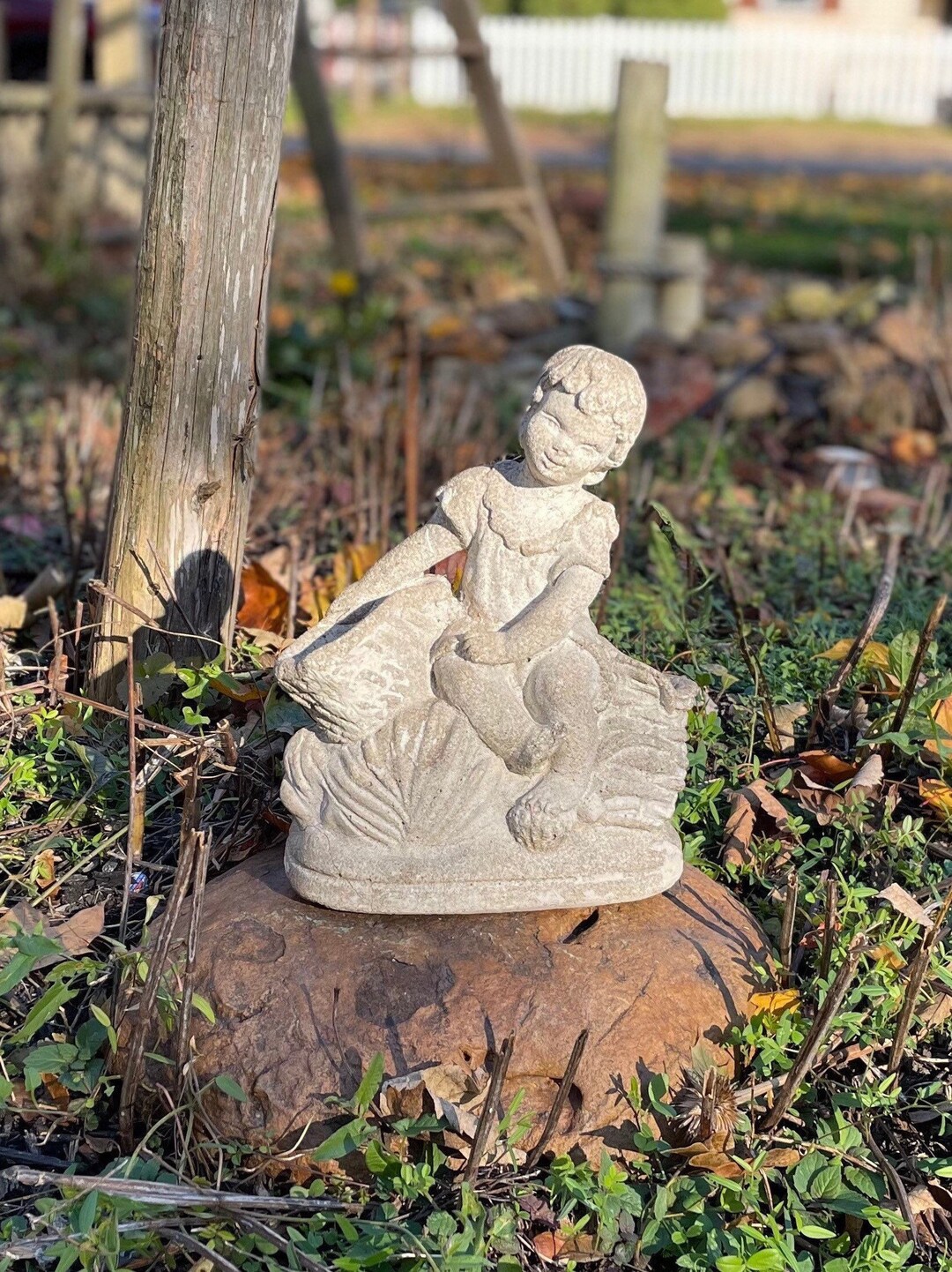 Chippy White Paint Cement Garden Statue French Country Farmhouse Yard ...