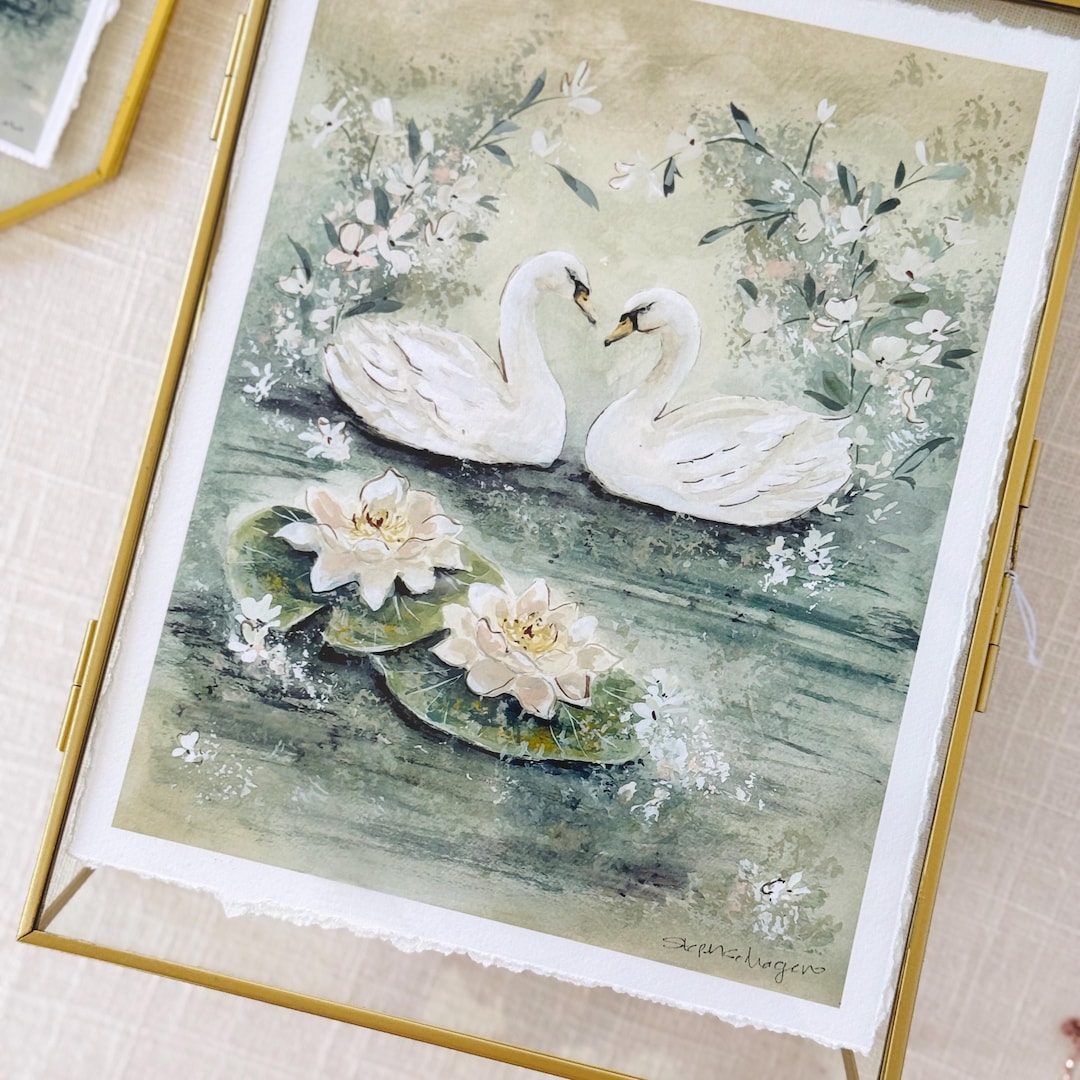 Gerahmter Schwan-Lilien-Teich-Druck im goldenen Glasrahmen - Etsy.de