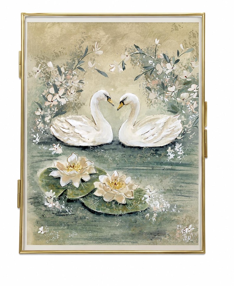 Gerahmter Schwan-Lilien-Teich-Druck im goldenen Glasrahmen - Etsy.de