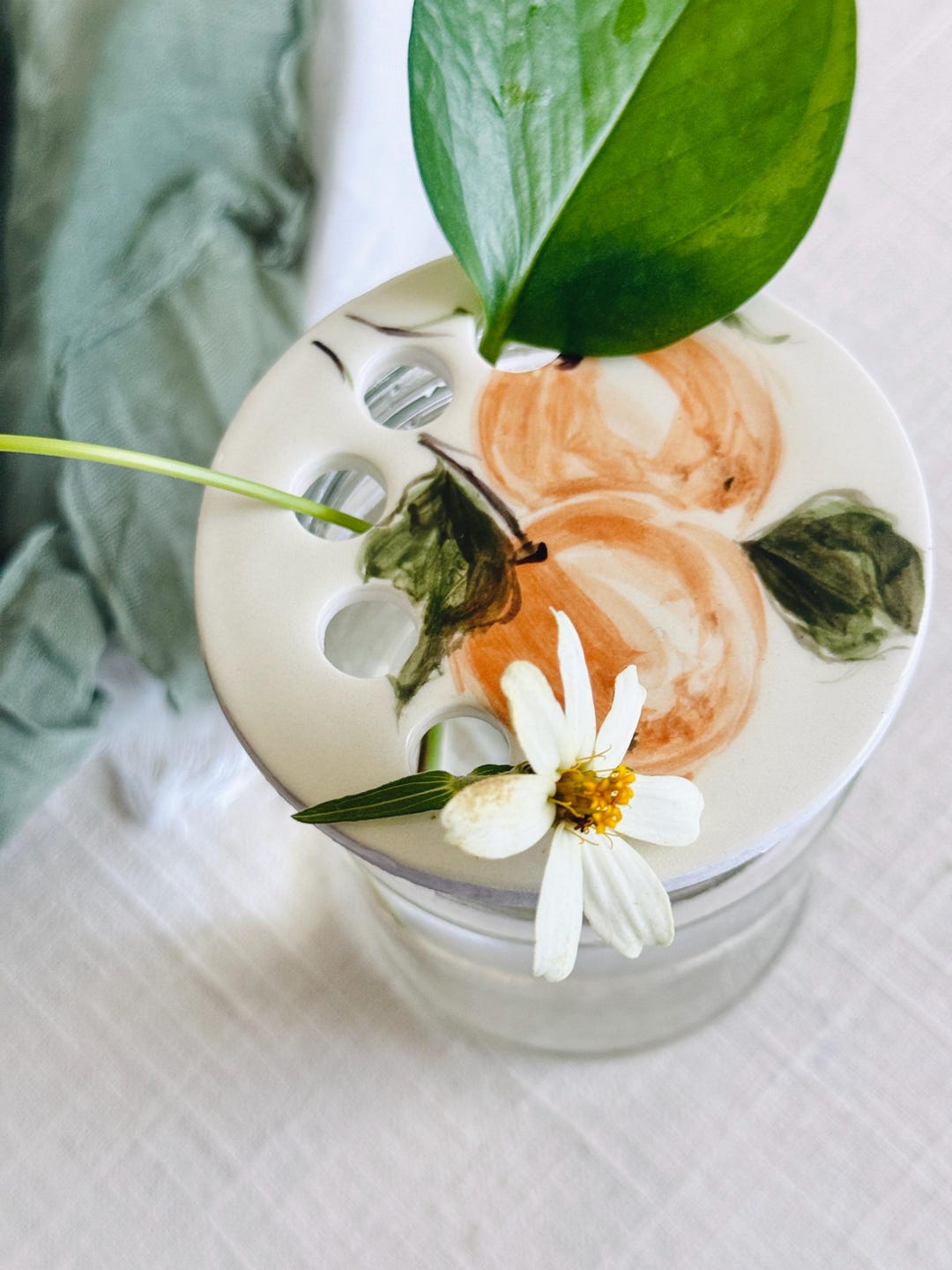 Handmade Ceramic Flower Frog Jar Topper | Orange Fruit Pottery Stem ...