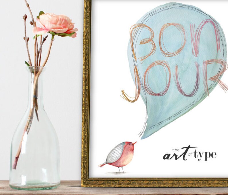 Bonjour Bird Nursery Print INSTANT DOWNLOAD 8x10 Printable, Chickadee ...