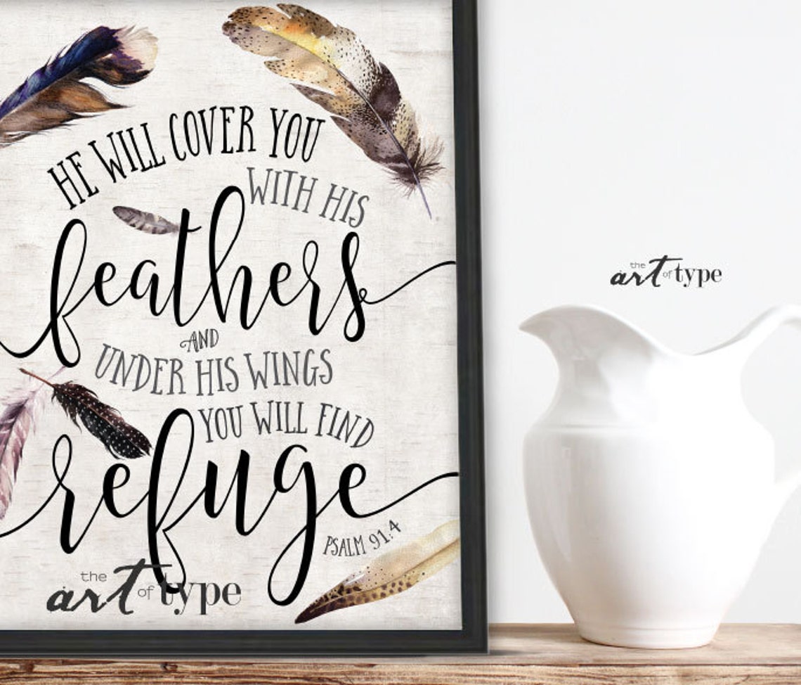 He Will Cover You With His Feathers Feather Boho Scripture Print ...