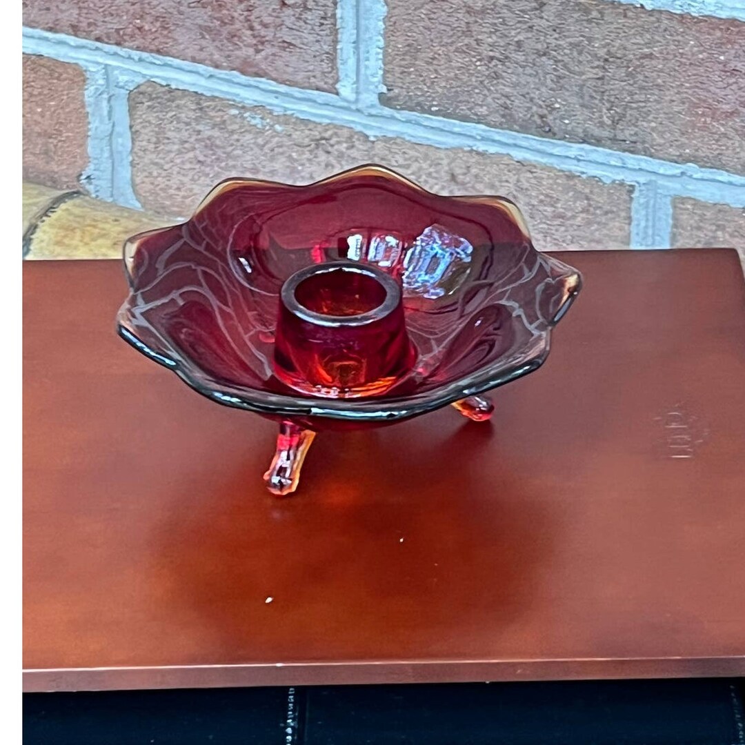 Fenton Amberina Art Glass Ruby Red Candlestick Holder Glows Blue Light ...