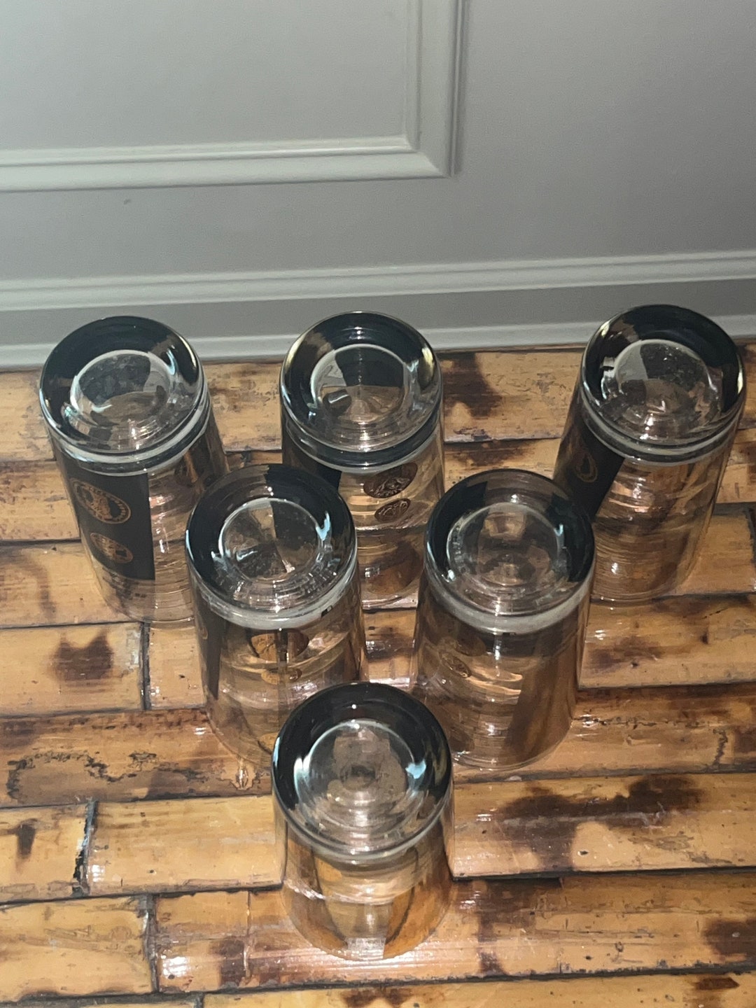 Set of Six Vintage MCM Gold Black Coin Glasses Cera Barware Highball ...