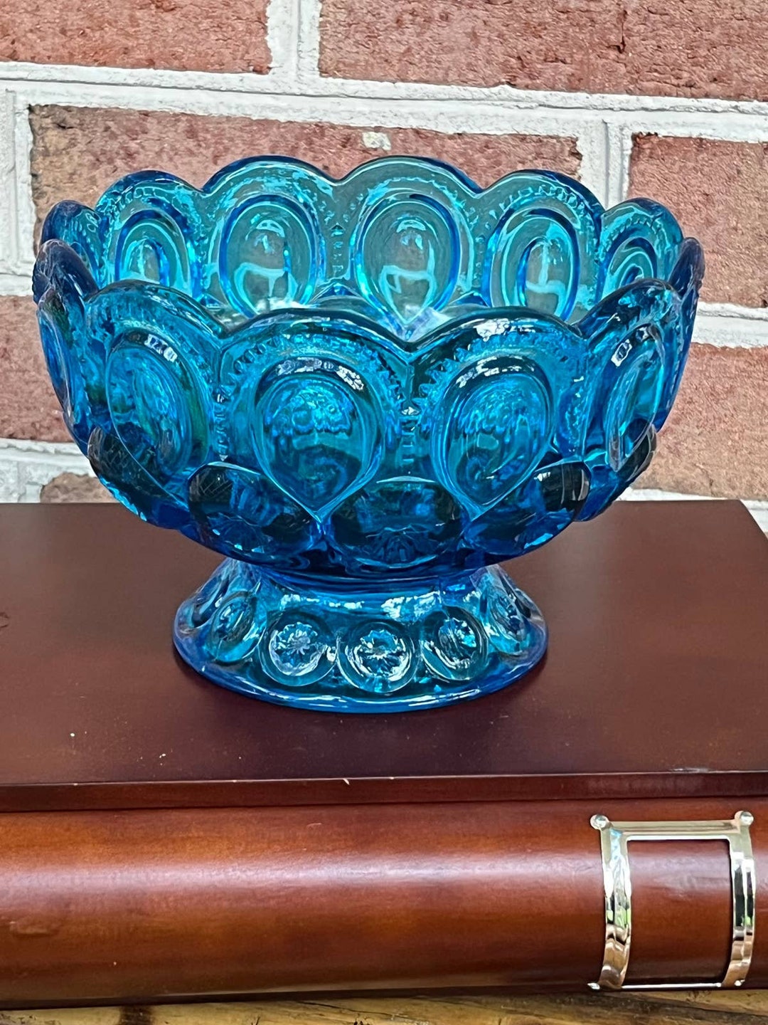Vintage L E Smith Moon & Star Blue Glass Compote Candy Dish - Etsy