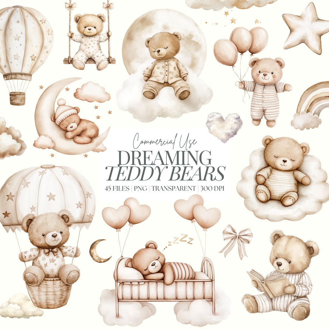 Watercolor Teddy Bear Clipart | Neutral Baby Shower Clipart | Beige ...