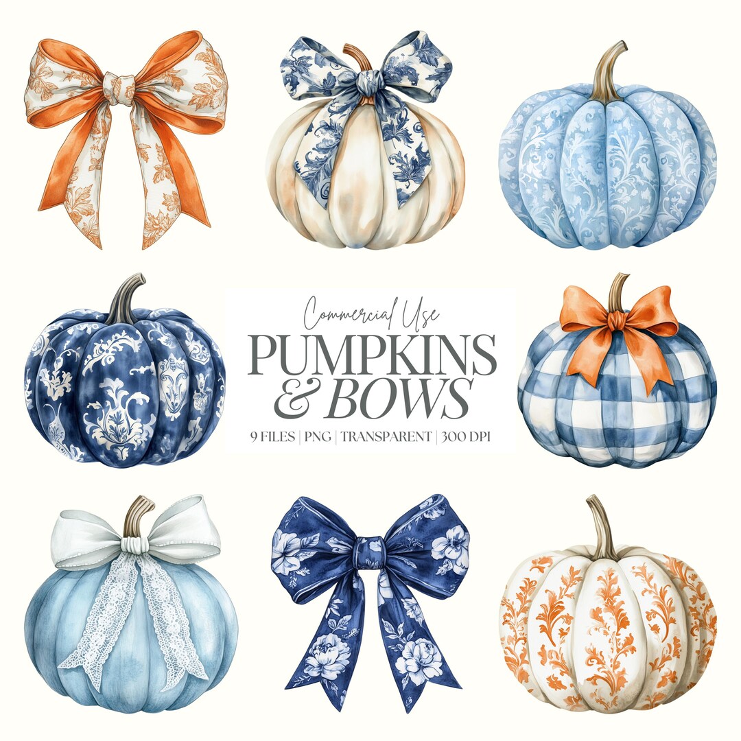 Watercolor Pumpkins and Bows Clipart | Coquette Pumpkins | Blue Toile ...