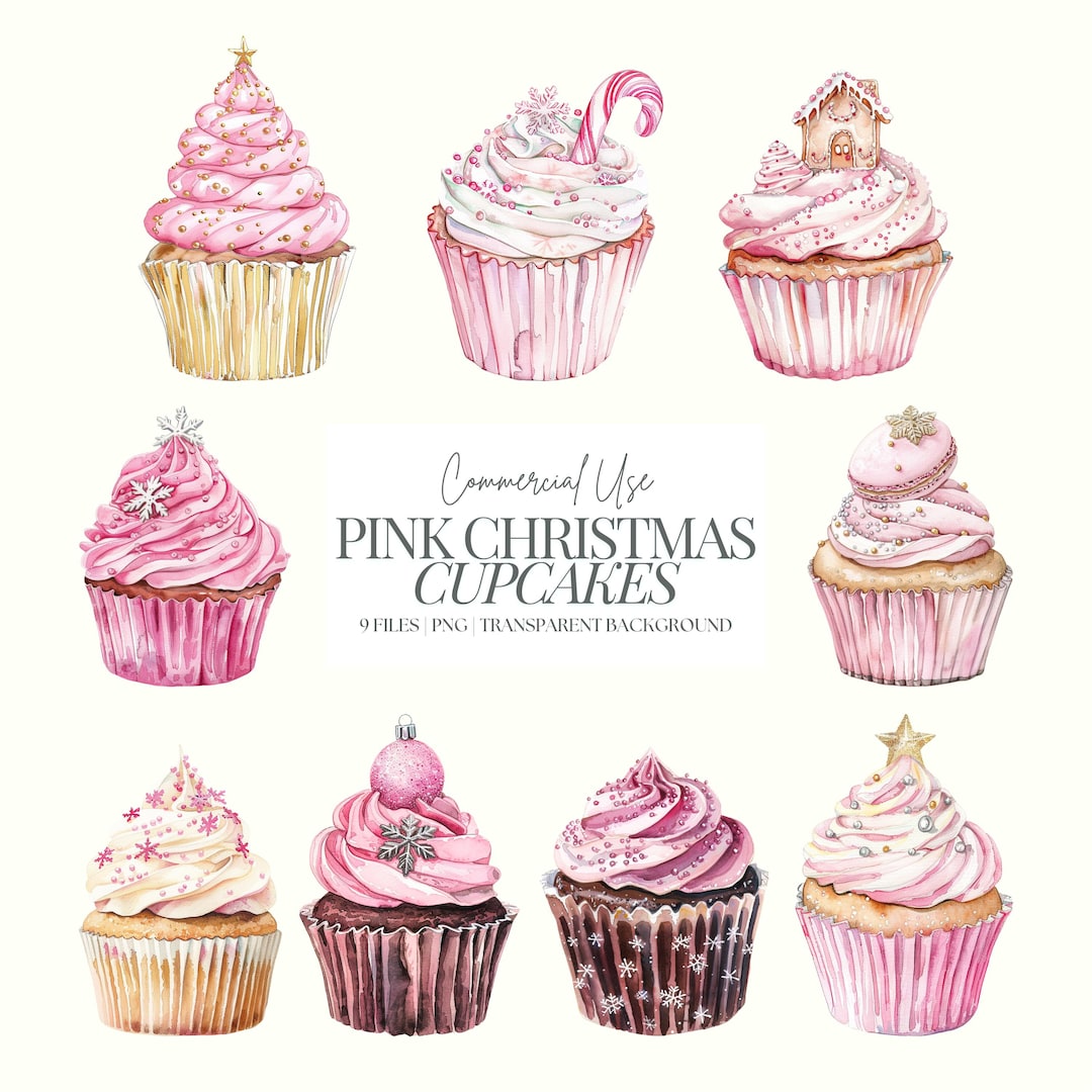 Christmas Cupcakes Clipart | Pink Christmas PNG | Watercolour Christmas ...