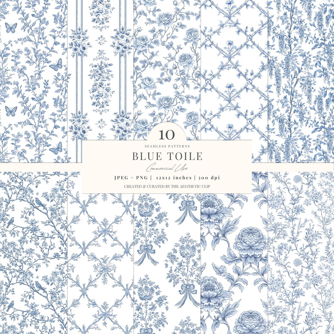 Blue Toile Digital Paper | Blue Floral Pattern | French Toile Seamless ...
