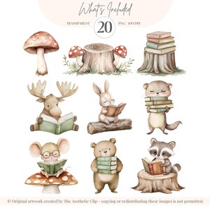 Animals Reading Books Clipart | Cute Woodland PNG | Forest Library ...