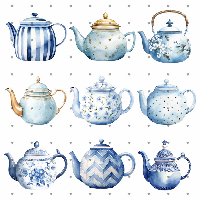 Blue Teapots Clipart Blue Tea Party PNG Bundle Picnic Flowers ...